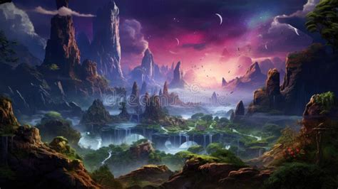 A Mesmerizing And Awe Inspiring Fantasy Mountain Landscape Adorned