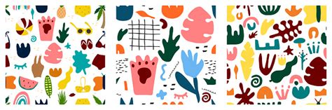 세 가지 추상적 인 원활한 패턴 심플한 모양 낙서 요소 및 자연 꽃 질감 현대 컬러풀 한 현대 벡터 일러스트 흰색 배경에 있는 수동 그리기 개체입니다 0명에 대한 스톡 벡터