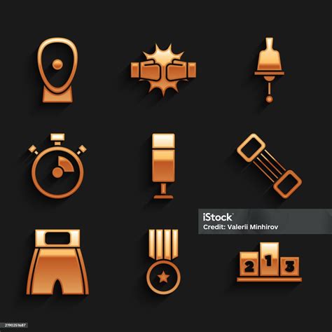 세트 펀칭 백 메달 스포츠 우승자 연단 가슴 확장기 복싱 반바지 스톱워치 울리는 종 및 훈련 발 아이콘에 대한 상 벡터 건강한 생활방식에 대한 스톡 벡터 아트 및 기타