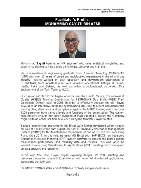 Facilitators Profile Mohammad Sayuti Bin Azmi Pdf Microsoft Excel Visual Basic For