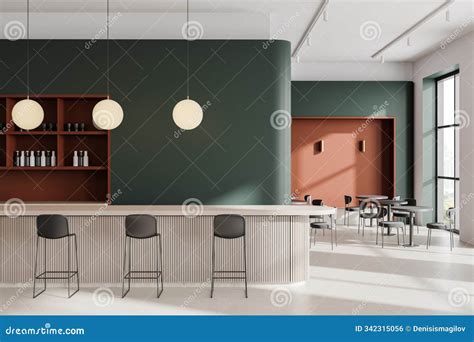 Modern Minimalist Cafe Interior With Bar Counter And Chairs 3d