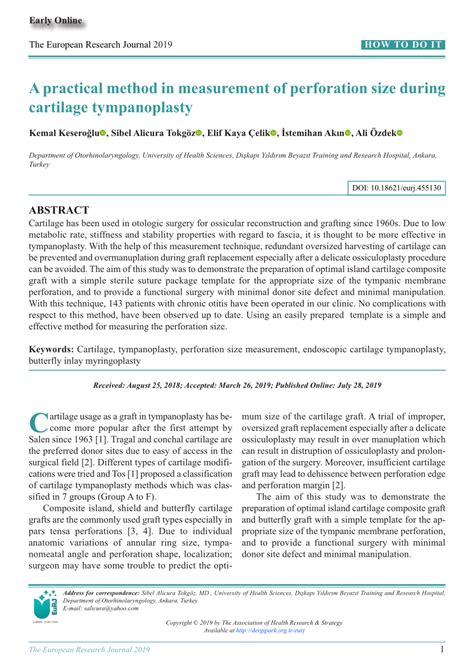 Pdf A Practical Method In Measurement Of Perforation Size During Cartilage Tympanoplasty
