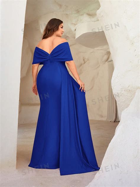 Shein Belle Plus Size Red Elegant Simple Bow Off Shoulder Asymmetric