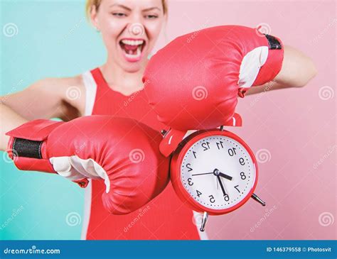 The Clock Keeps Incorrect Time Emotional Woman Holding Clock In Boxing