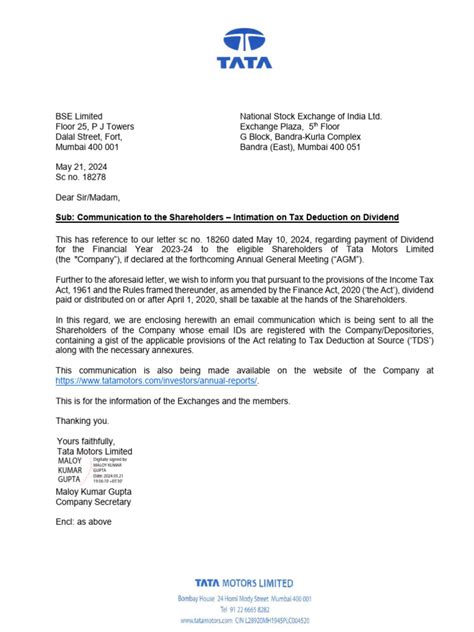 Intimation On Tax Deduction On Dividend 210524 Pdf Dividend