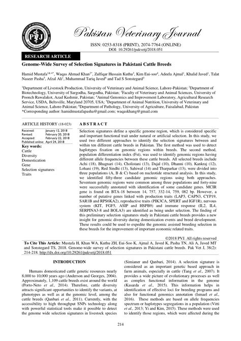 Pdf Genome Wide Survey Of Selection Signatures In Pakistani Cattle Breeds