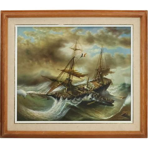 Signed T Slowsky American Oil On Canvas Painting Ship In Stormy Rough