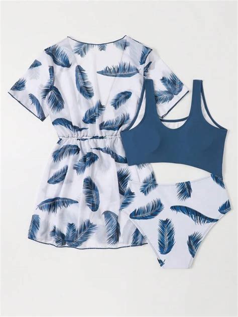 Shein Teen Girls Feather Print Cut Out Waist One Piece Swimsuit With