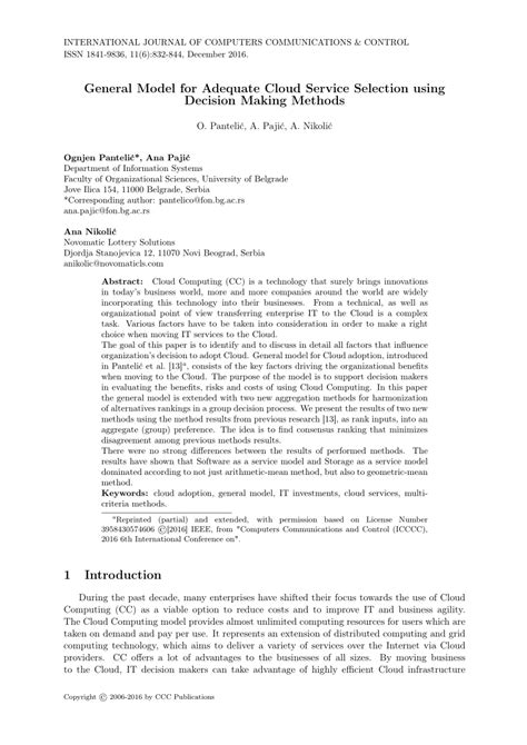 Pdf General Model For Adequate Cloud Service Selection Using Decision Making Methods