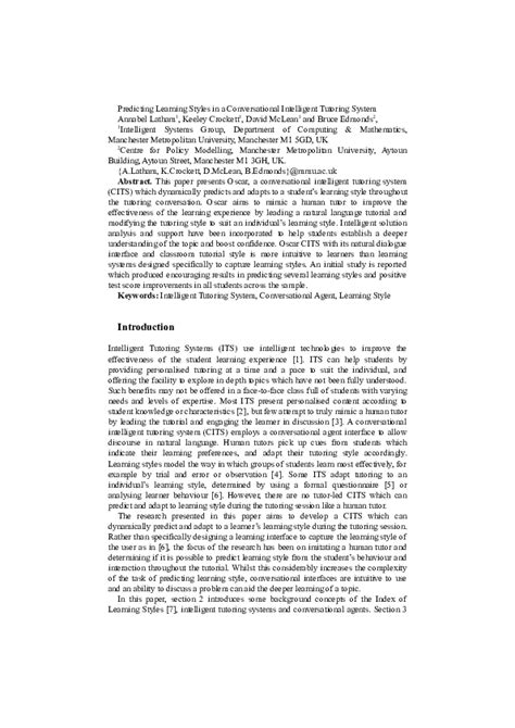Pdf Architecture For An Intelligent Tutoring System That Considers Learning Styles María