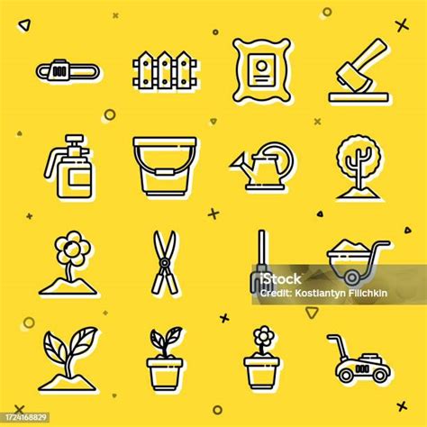 세트 라인 잔디 깎는 기계 흙이 든 수레 나무 식물의 씨앗으로 가득 찬 팩 양동이 비료용 정원 분무기 전기톱 및 급수 캔 아이콘