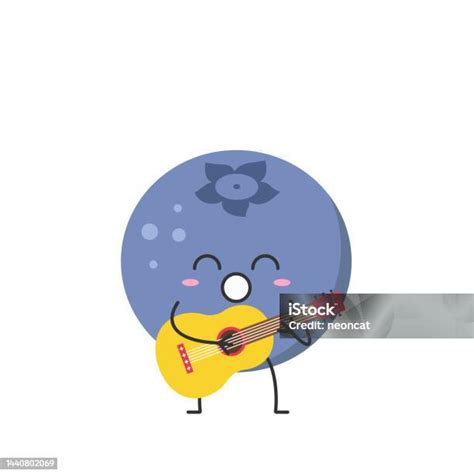 블루 베리는 기타 노래 귀여운 캐릭터 만화 맛있는 베리 미소 얼굴 카와이 기쁨 행복 쾌활 한 감정 아이콘 벡터 일러스트 레이 션 노래에 대한 스톡 벡터 아트 및 기타 이미지