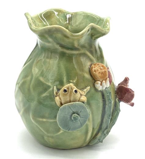 Sold At Auction Vintage Glazed Majolica Vase With Frog Figural