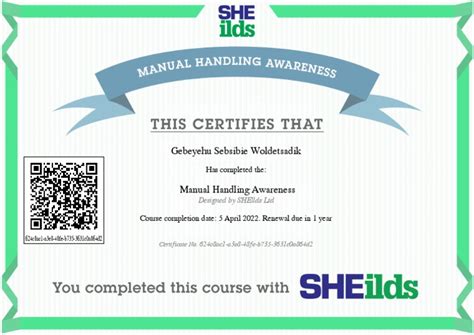Manual Handling Awareness Course Completion Certificate 1091 Pdf