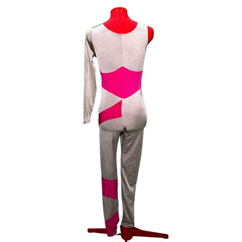 Silver Unitard With Pink Stripes And 1 Long Sleeve Rental Size Small