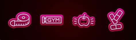 세트 라인 줄자 위치 체육관 사과 및 비타민 알약 빛나는 네온 아이콘입니다 벡터 건강한 생활방식에 대한 스톡 벡터 아트 및 기타 이미지 건강한 생활방식 과일 길이