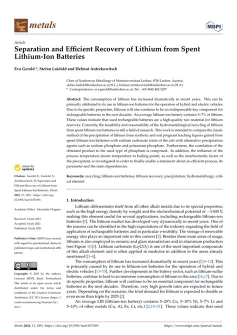 Pdf Separation And Efficient Recovery Of Lithium From Spent Lithium Ion Batteries