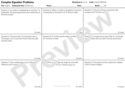 Gcse Maths Worksheet Complex Equation Problems Higher Tier
