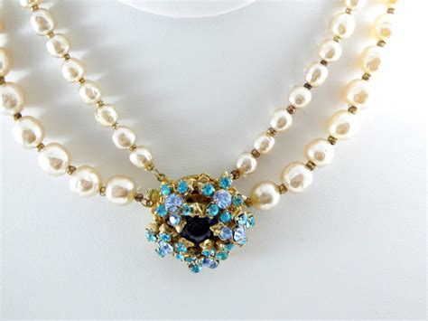 Miriam Haskell Baroque Glass Pearl Necklace Choker Rhinestone Clasp