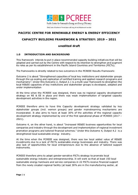 Pacific Centre For Renewable Energy And Energy Efficiency Capacity Building Framework And