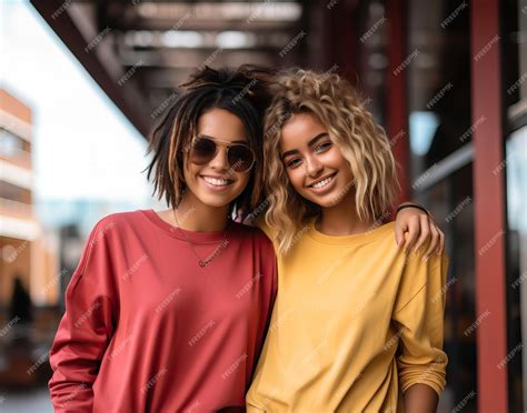Premium Ai Image Two Girls Pose For A Photo With Their Arms Around