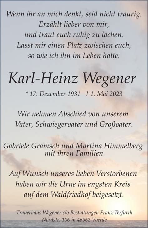 Traueranzeigen Von Karl Heinz Wegener Trauer In NRW De