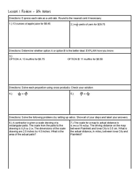 Ratios And Proportions Review With Answer Key By Middle School Math For
