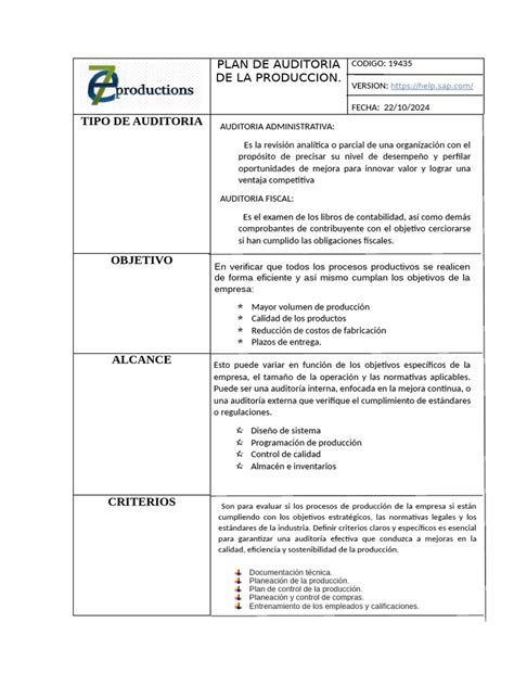 Plan De Auditoria De La Produccion Nuevo Pdf Auditoría Contralor