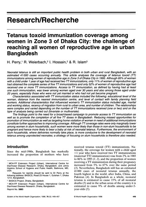 Pdf Tetanus Toxoid Immunization Coverage Among Women In Zone 3 Of Dhaka City The Challenge Of