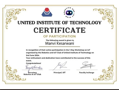 Iot Workshop Certificate Learning Innovation Technology Futureready Manvi Kesarwani