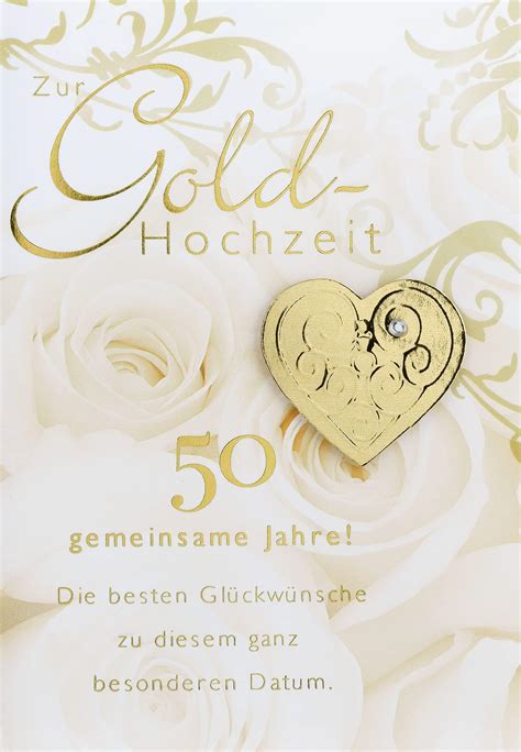 Perleberg Karte zur Goldhochzeit mit Goldherz Applikation Glückwünsche zur goldenen Hochzeit