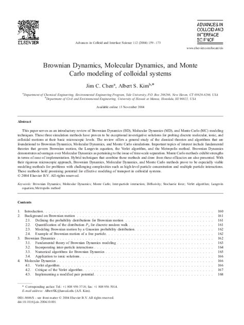 Pdf Brownian Dynamics Molecular Dynamics And Monte Carlo Modeling Of Colloidal Systems
