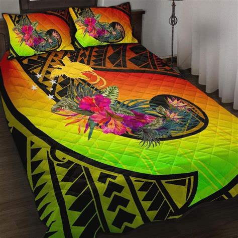 Papua New Guinea Quilt Bed Set Polynesian Hook And Hibiscus Raggae