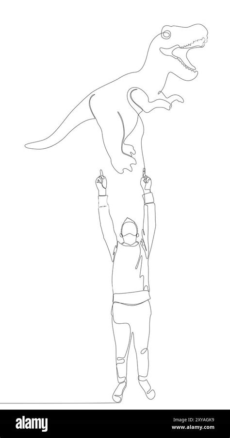 One Continuous Line Of Man Pointing With Finger At Dinosaur Thin Line Illustration Vector