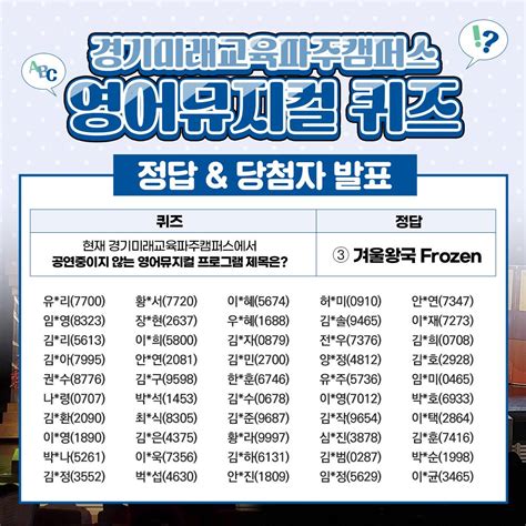 경기도평생교육진흥원 당첨자발표 영어뮤지컬퀴즈 경기미래교육파주캠퍼스 영어뮤지컬 퀴즈 당첨자 발표🎉