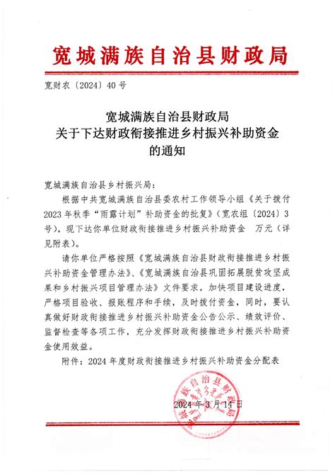 宽城满族自治县人民政府 扶贫资金政策专栏 宽城满族自治县财政局关于下达财政衔接推进乡村振兴补助资金的通知（宽财农【2024】40号）