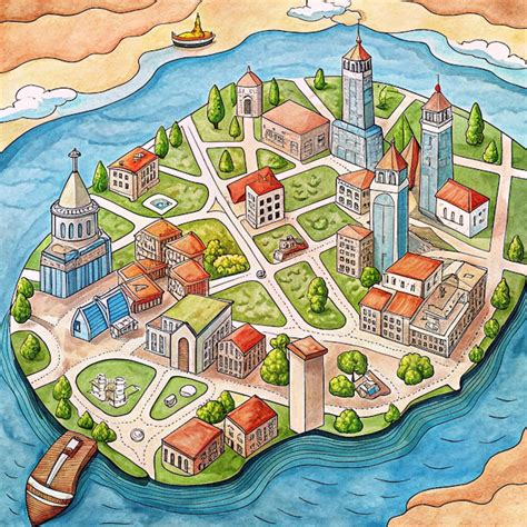 Um Desenho De Um Mapa De Uma Cidade Com Um Barco Na água Imagem