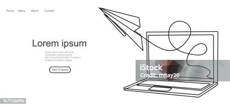 시작의 사업 개념으로 종이 비행기가 있는 노트북 컴퓨터의 한 선 그림 개념에 대한 스톡 벡터 아트 및 기타 이미지 개념