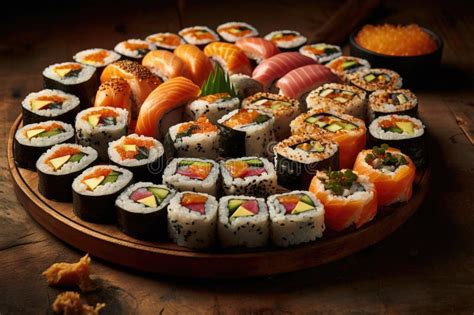 Overhead Japanese Sushi Food Maki Ands Rolls With Tuna Salmon Shrimp