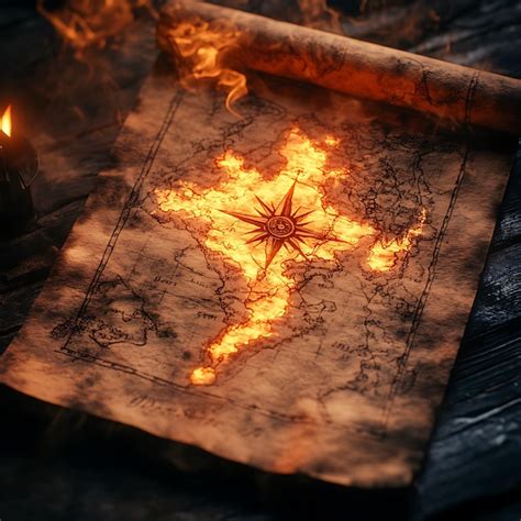 A Burning Map With A Compass At Its Center Premium Ai Generated Image