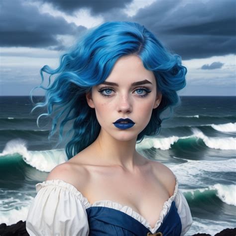 A Woman Blue Hair Blue Lipstick Blue 1700s Dress