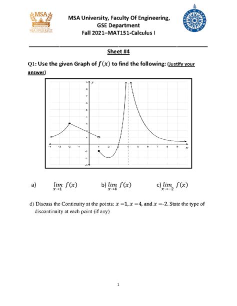 Calculus Sheet 4 Gse Department Fall 2021mat151 Calculus I Studocu