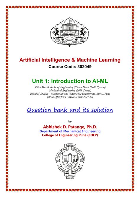 PDF Artificial Intelligence Machine Learning Unit 1 Introduction