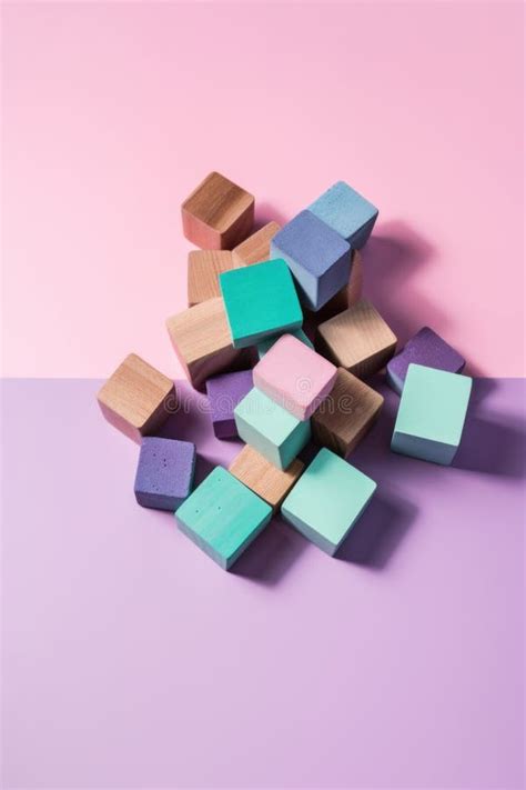A Pile Of Wooden Blocks Sitting On Top Of A Pink And Purple Surface Generative Ai Image Stock