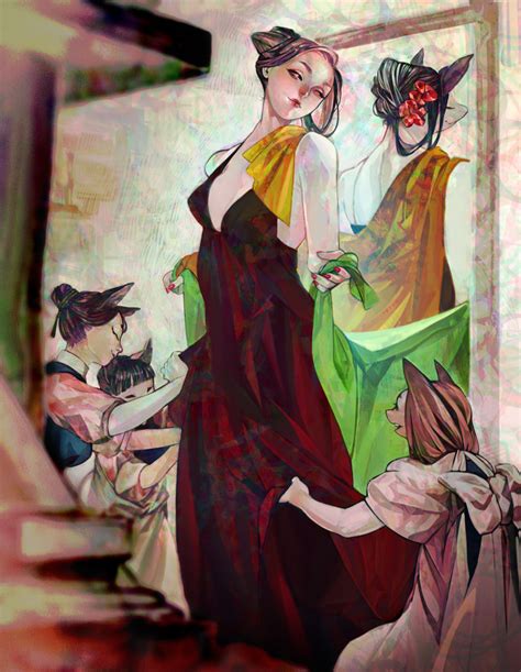 Safebooru 4girls Black Hair Blurry Breasts Cleavage Depth Of Field