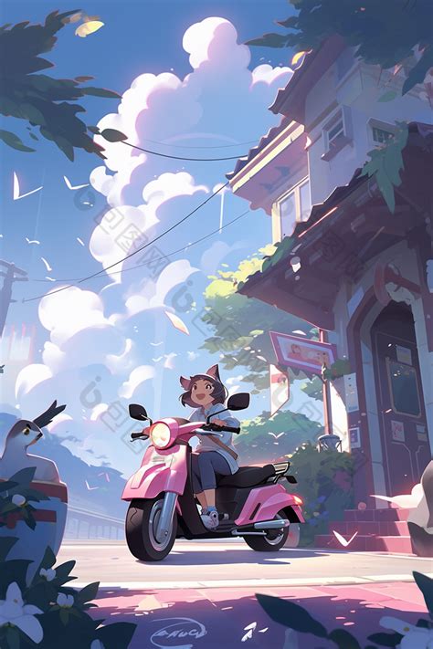 骑摩托车的小女孩插画高清图片下载 包图网