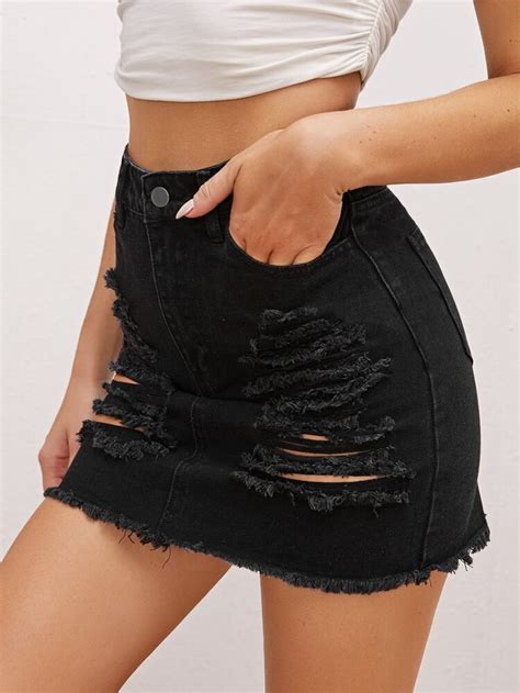 Raw Hem Ripped Denim Skirt Ripped Denim Skirts Destroyed Denim