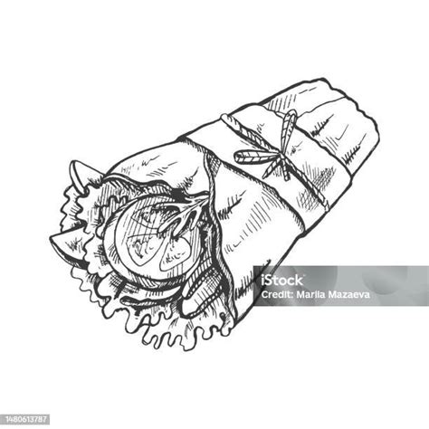 손으로 그린 스케치 스타일의 부리토는 흰색 배경에 격리된 종이 패키지에 야채 조각으로 포장합니다 패스트 푸드 그림입니다 빈티지 그림 라벨 포장 및 엽서 디자인을위한 요소