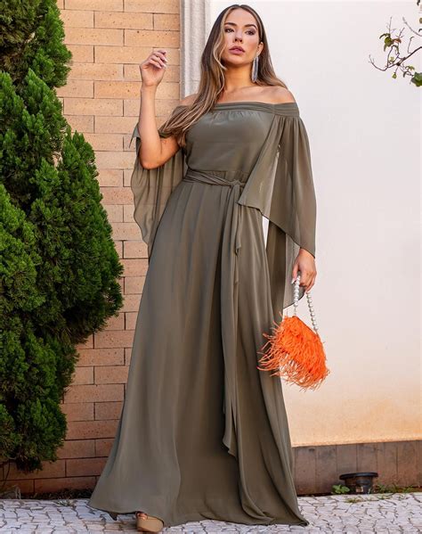 Vestido Verde Militar Ombro A Ombro Manga Capa Em 2022 Vestidos