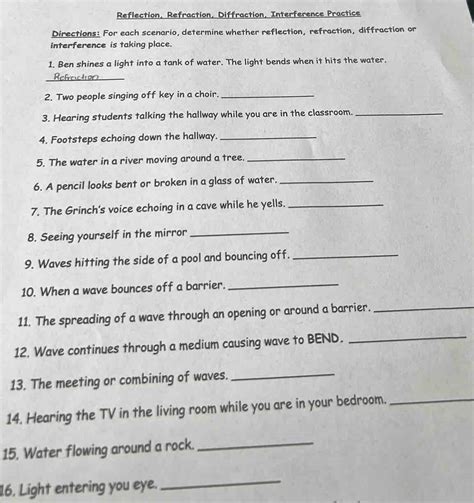 Reflection Refraction Diffraction Interference Practice Directions